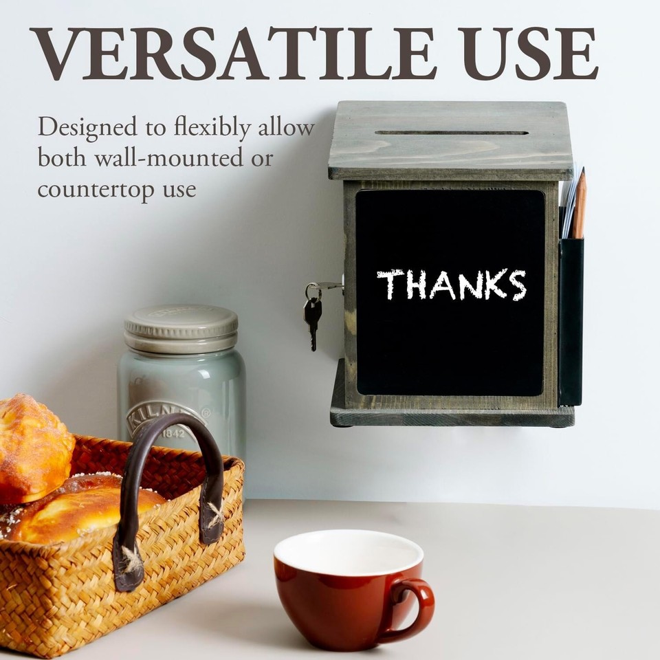Wall Mountable Gray Wood Suggestion Box, Comment Collection Box w/ Keys ...