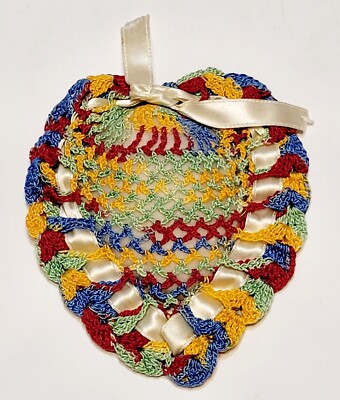 Mini Crocheted Heart Pin Cushion With Ribbon Multi Color Handmade | eBay