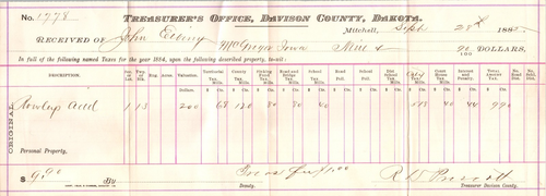 Treasurer Office Davison County Mitchell Dakota Territory 1885 Tax ...