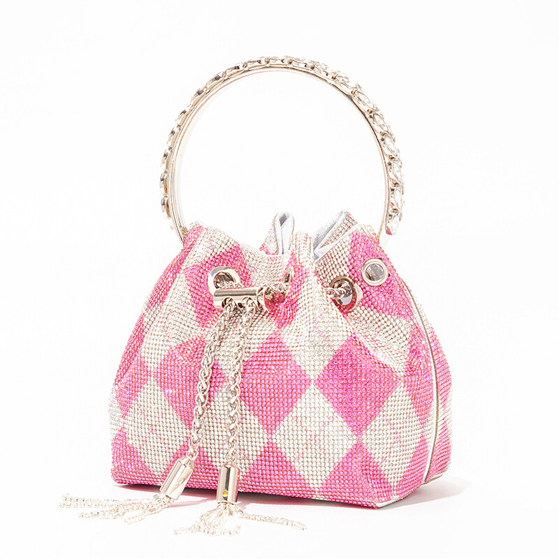 Evening Clutch Bag Rhinestone Crystal Bucket Purse with Tassel Pink ...