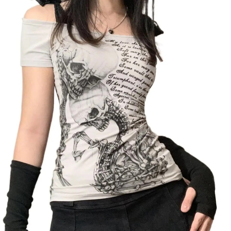 New Gothic Print Grunge T Shirt Women Long Sleeve Crop Top Y2k Vintage ...