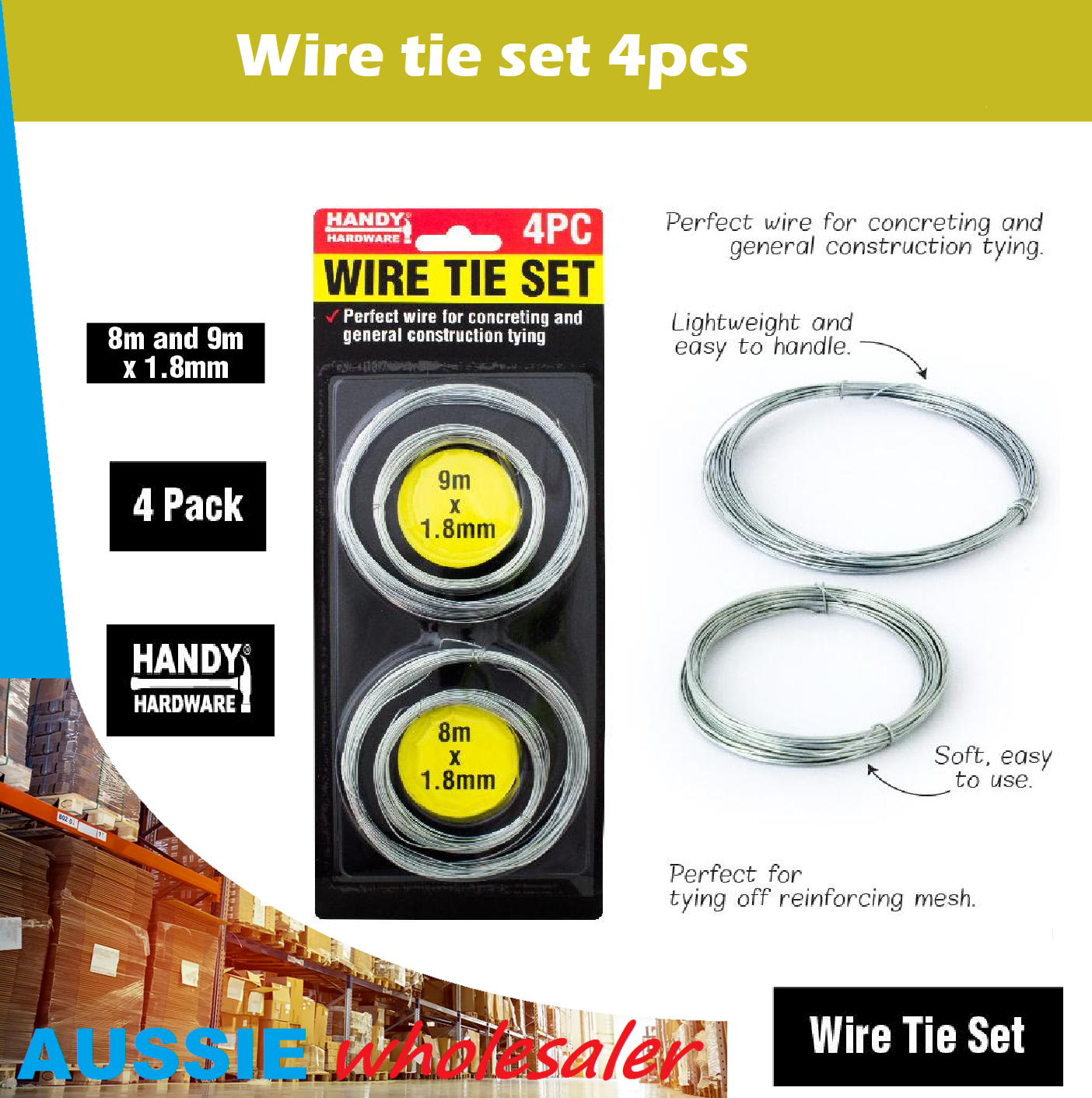 Wire Tie Set 4 Pcs 1.8mm Handy Hardware Tying for General Construction ...