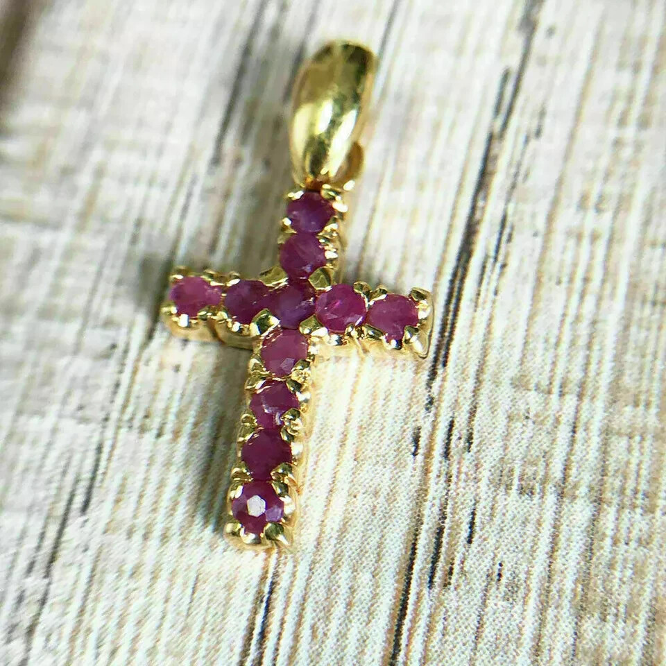 1.00Ct Round Cut Red Ruby Cross Pendant 14K Yellow Gold Finish Free ...