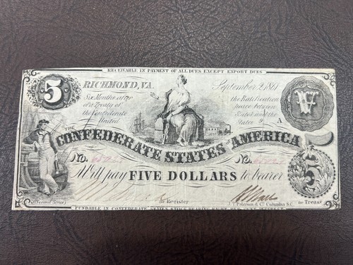 $5 1861 Confederate Five Dollar Note Richmond Canceled Currency A323 | eBay