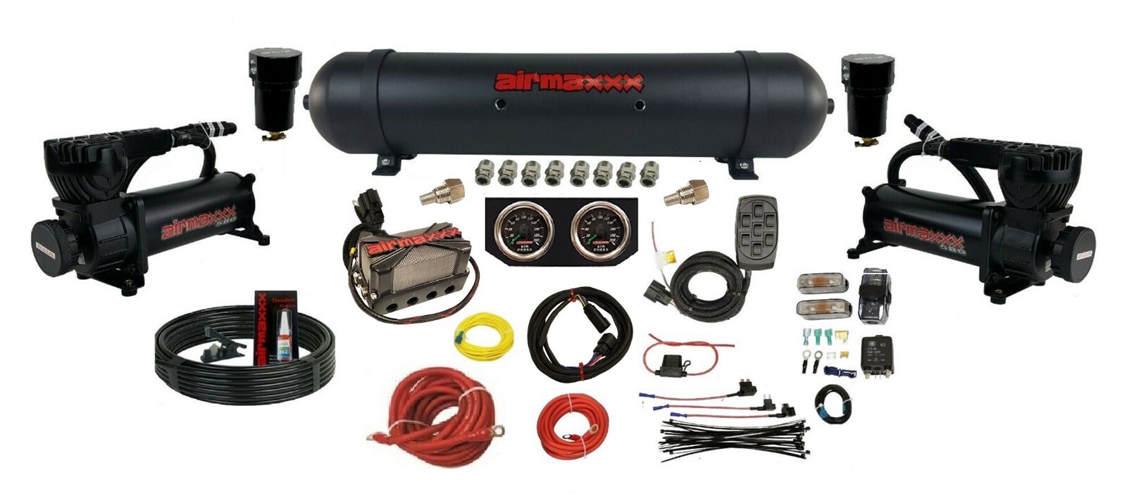 airmaxxx Air Ride Suspension Kit 3/8 Manifold 580 Black Compressors ...