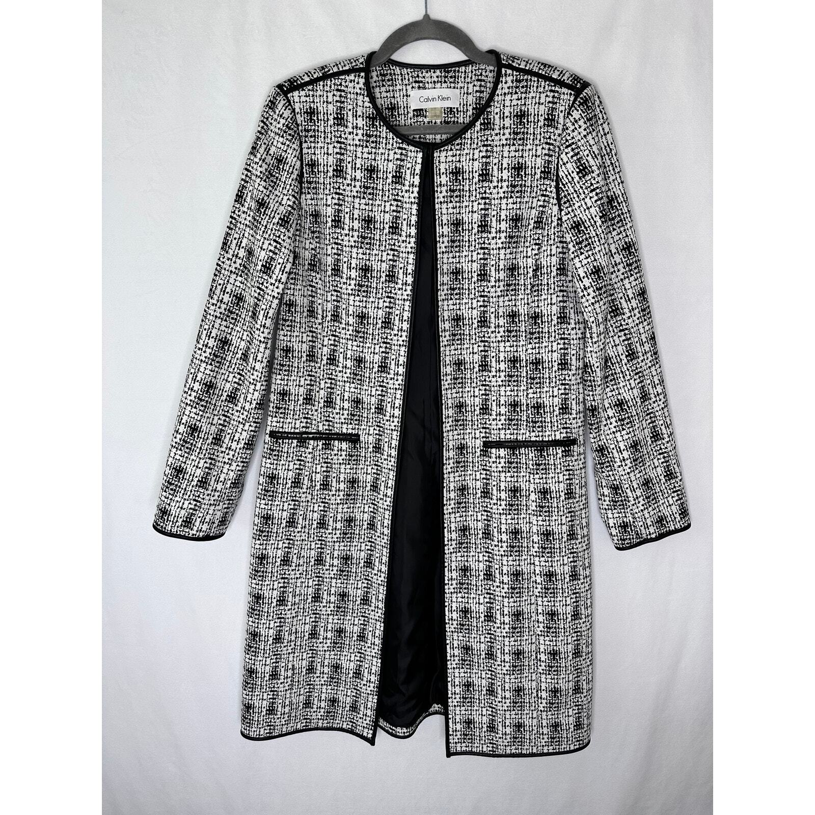 Calvin Klein Long Line Jacket Career White black faux leather trim ...