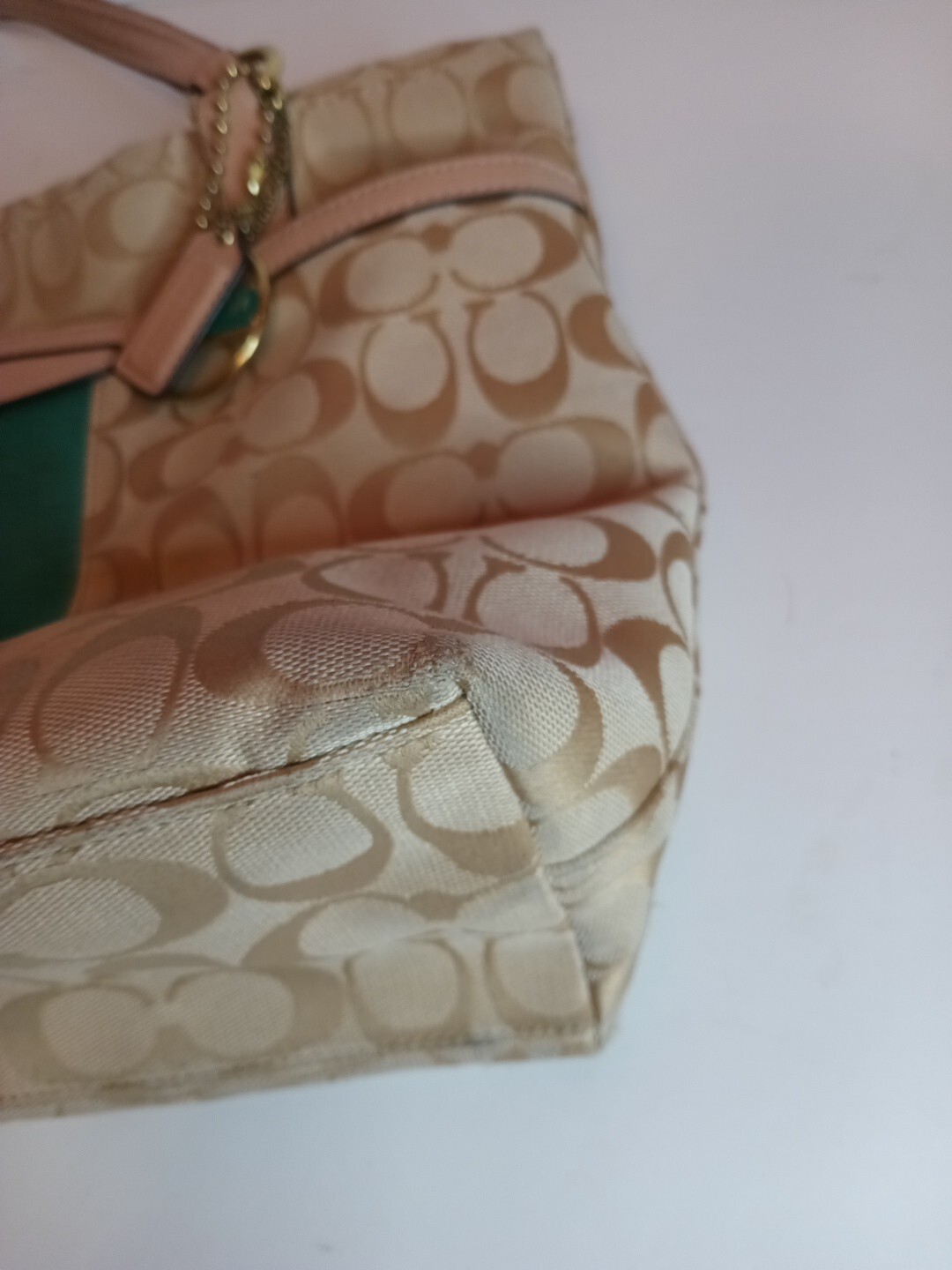 Coach F28504 Signature 12CM Tote Khaki / Emerald - Gem