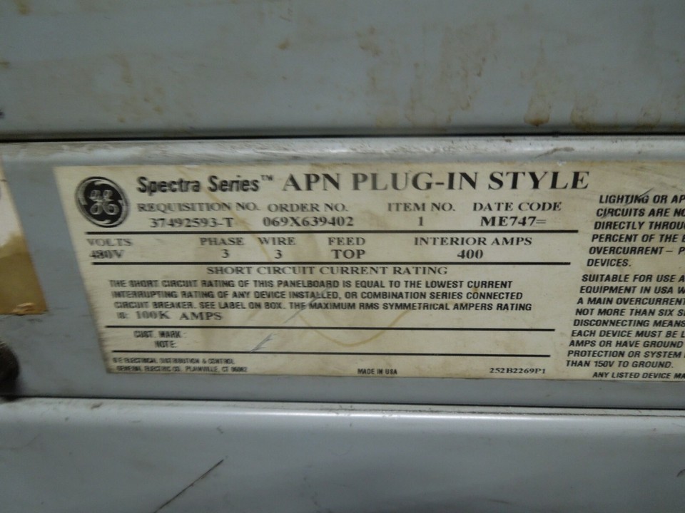 GE Spectra Series 400A 3ph 4W 480Y/277V MLO Panel w/Distribution ...