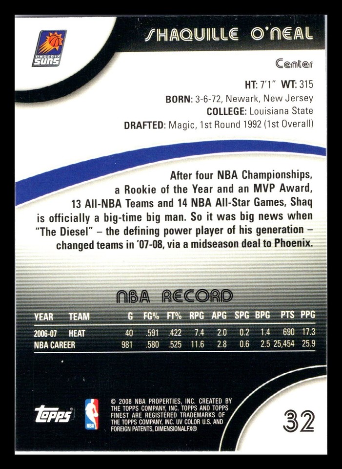 Shaquille O'Neal – Phoenix Suns 2008 Topps Finest #32 | eBay