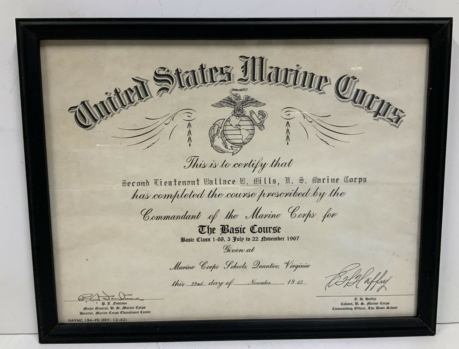 1967 United States Marine Corps The Basic Course Certificate NAVMC 184 ...