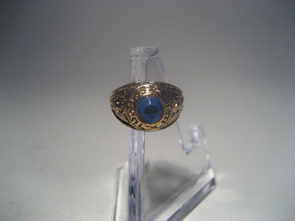 VINTAGE CHARM GOLD TONE MINI HIGH SCHOOL CLASS RING BLUE STONE CHARM ...
