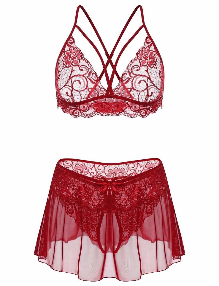 Plus Size Women Sexy Lingerie Piece Lace Bralette,Mini Skirt with G ...