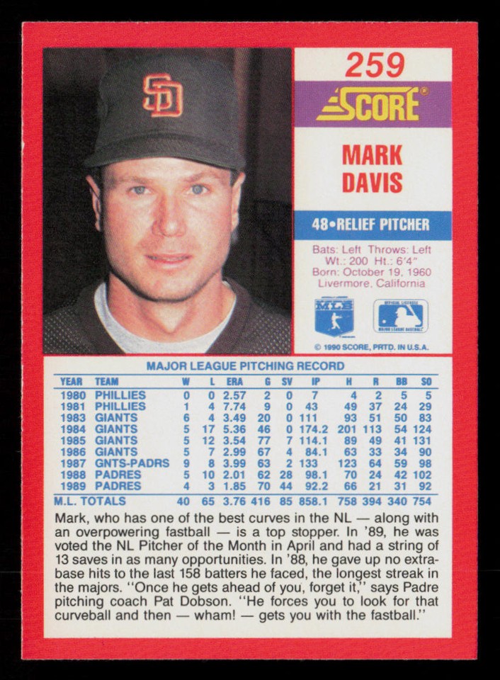 1990 Score Mark Davis #259 San Diego Padres Baseball Card | eBay