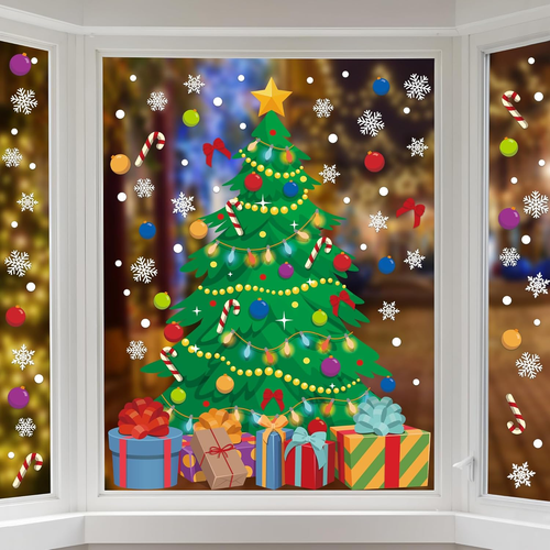 2 Sheet Christmas Tree Window Clings Extra Large Xmas Tree Snowflake ...