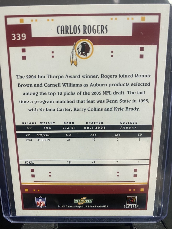 2005 Score Carlos Rogers #339 Washington Redskins | eBay