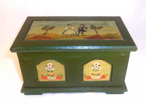 1976 Miniature Painted Wood Blanket/Dower Chest People Floral ...