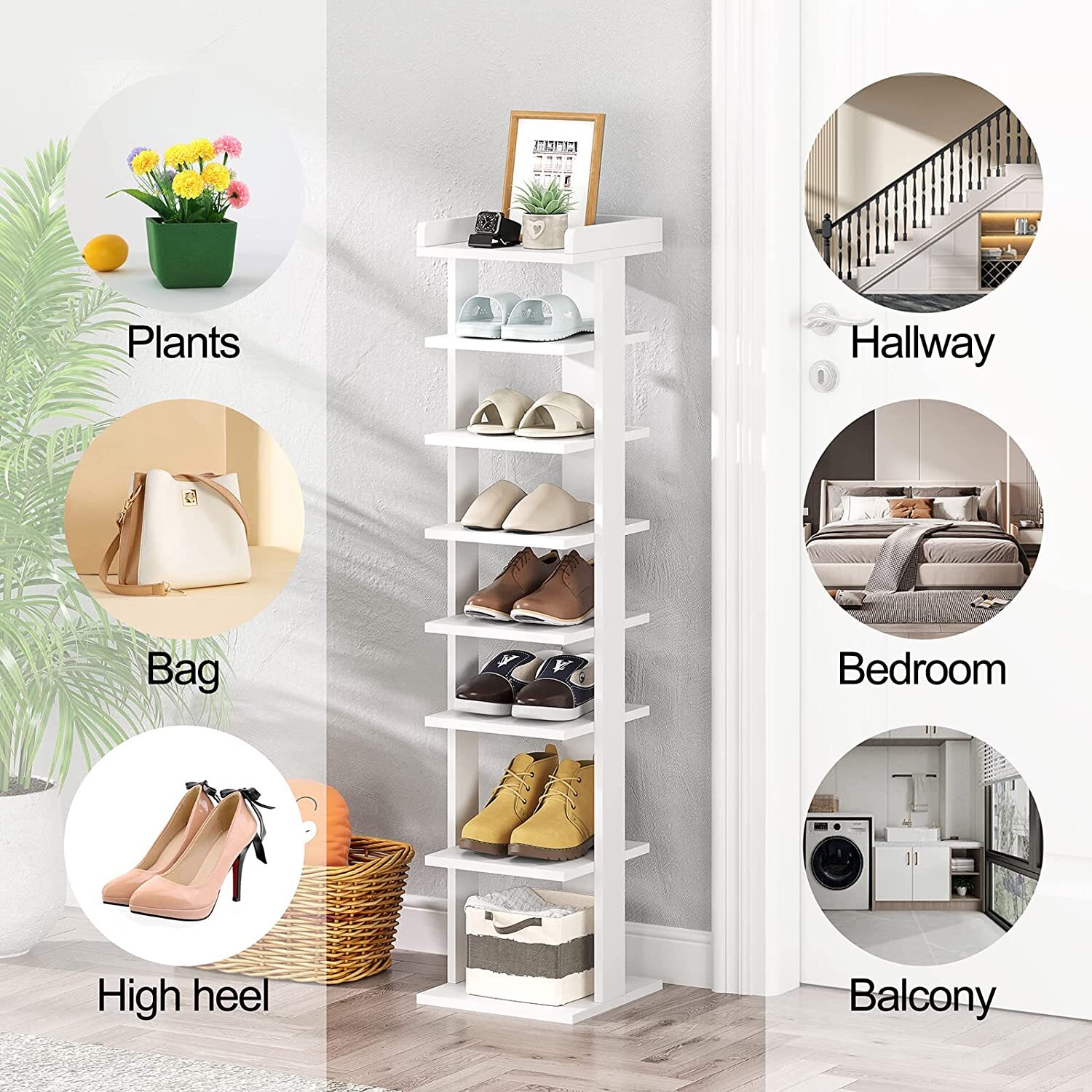Narrow Shoe Rack Wooden Shoe Shelf 7-Tier Vertical Tall Slim Storage ...