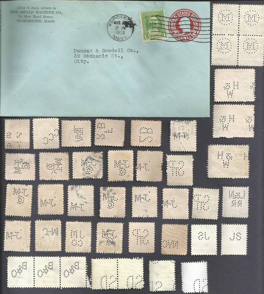 PERFIN STAMP LOT USA WITH BLUE ENVELOPE ENTIRE W/ OLD $1 STAMP ...