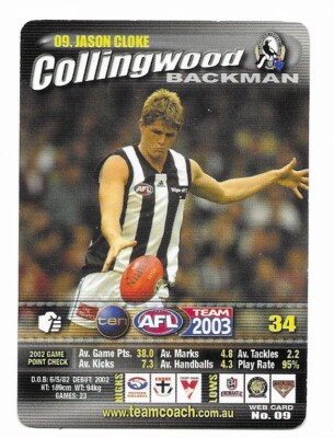 2003 AFL TEAMCOACH COLLINGWOOD JASON CLOKE # 09 CARD AFL | eBay Australia