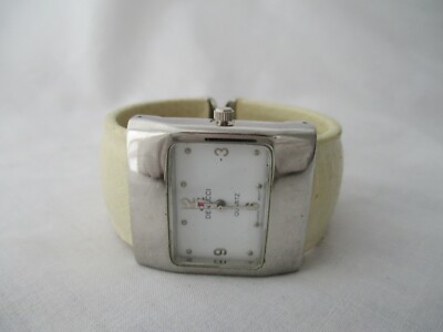 Denacci Wristwatch Silver Tone Beige Cuff Band Rectangular White Face ...