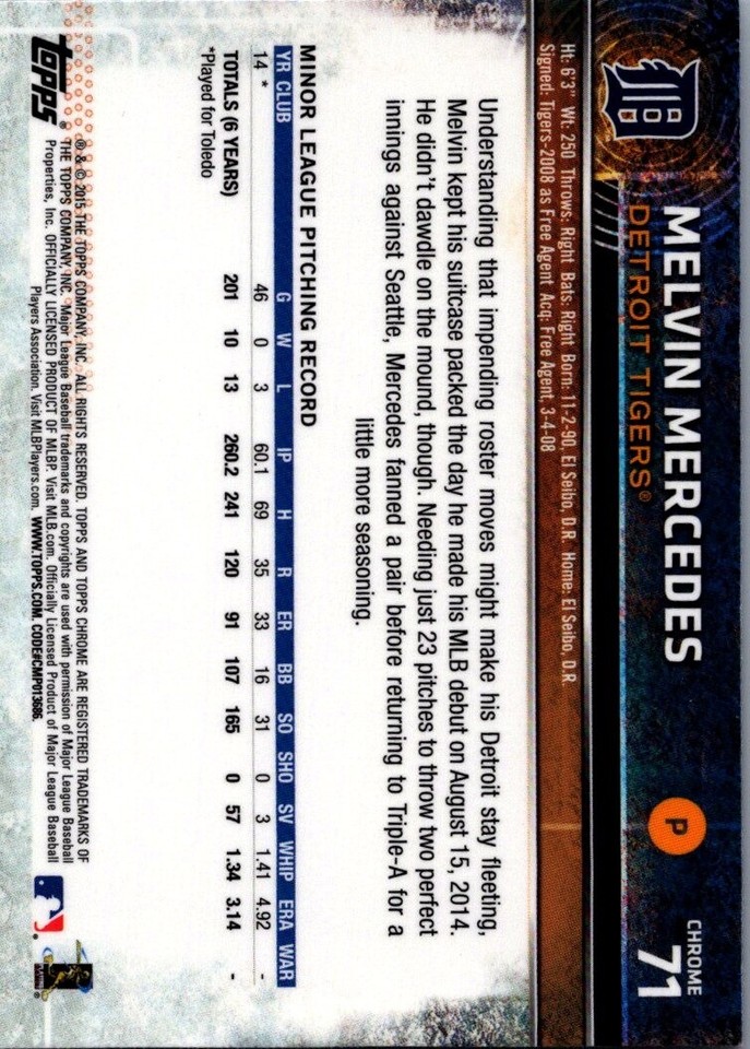 2015 Topps Chrome Refractors #71 Melvin Mercedes Detroit Tigers | eBay