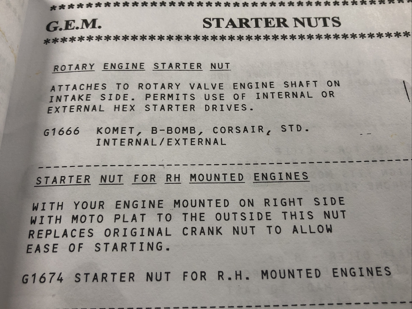 New’ Gem starter nut for R/H engines with motoplat,enduro,vintage kart ...