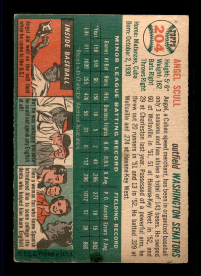 1954 Topps #204 Angel Scull VG/VGEX RC Rookie Senators 553297 | eBay