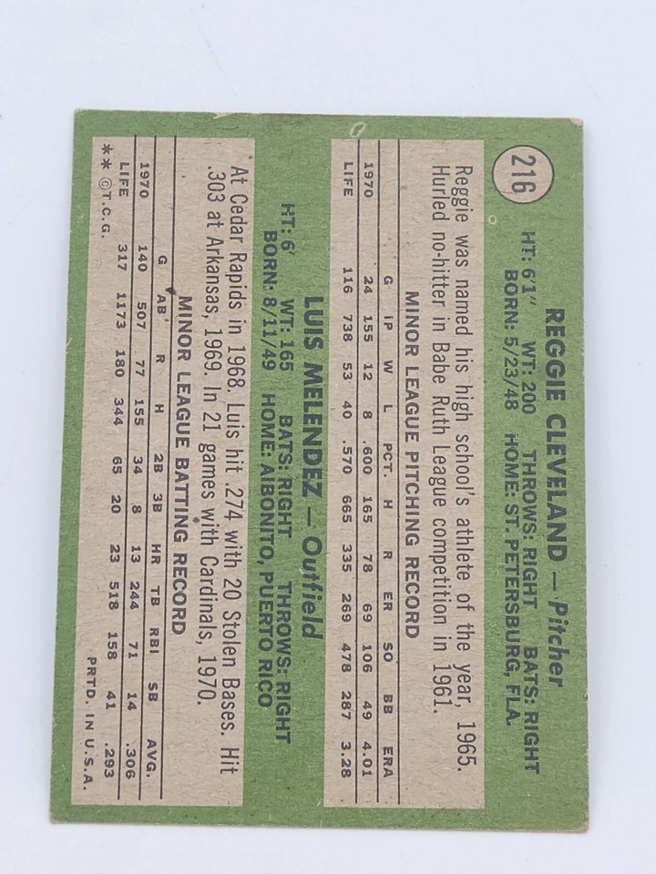 1971 Topps Vintage MLB Baseball Reggie Cleveland Luis Melendez #216 ...