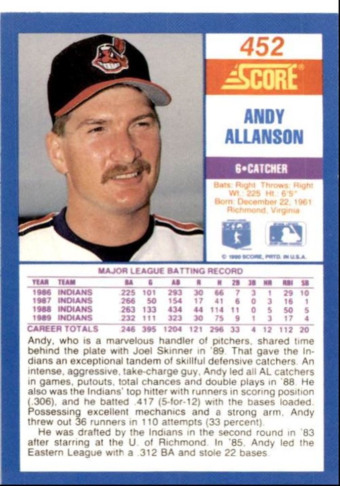 1990 Score Andy Allanson Cleveland Indians #452 | eBay