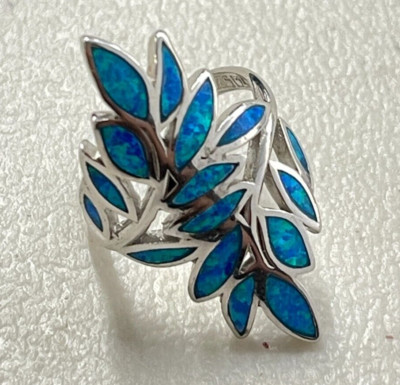 Sterling Silver Ring Leaves Blue Green Boulder Opal 925 Size 6.75 GLS ...