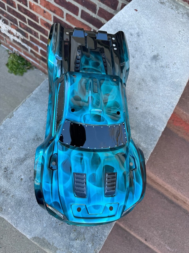 CUSTOM PAINTED RC BODY, TRAXXAS SLEDGE BLUE CHROME FLAMES, AIRBRUSHED ...