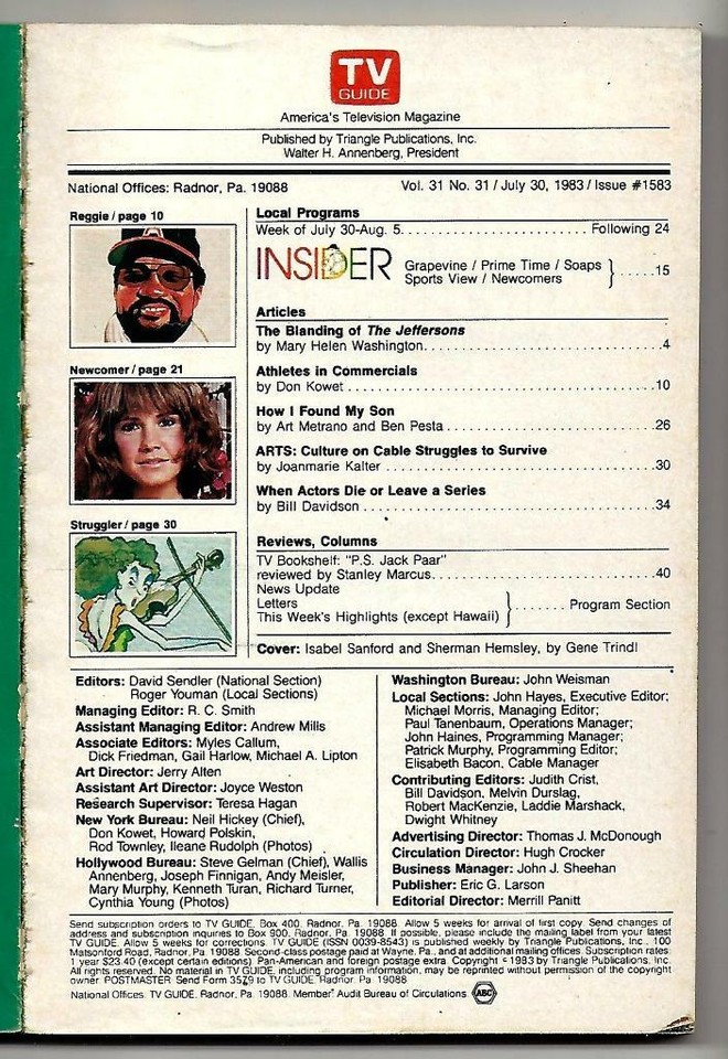 TV Guide V31 #31 July 30 - Aug. 5, 1983 Isabel Sanford & Sherman ...