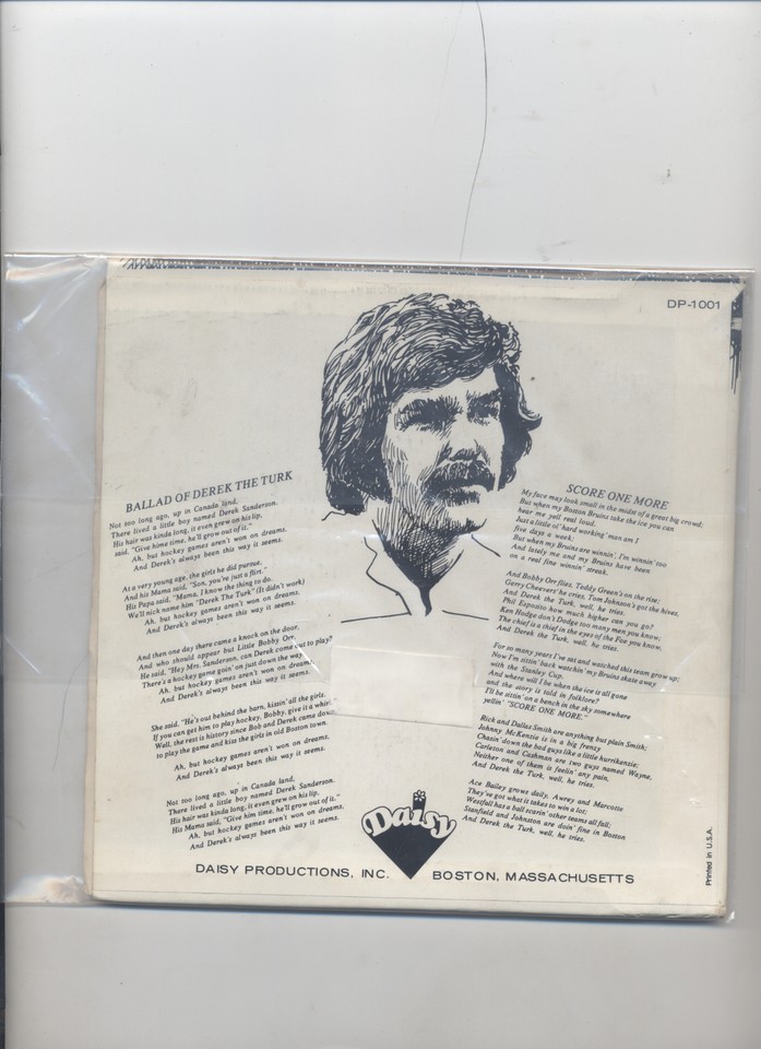 Boston Bruins DEREK SANDERSON 45 RECORD ' BALLAD 0F DEREK THE TURK ...