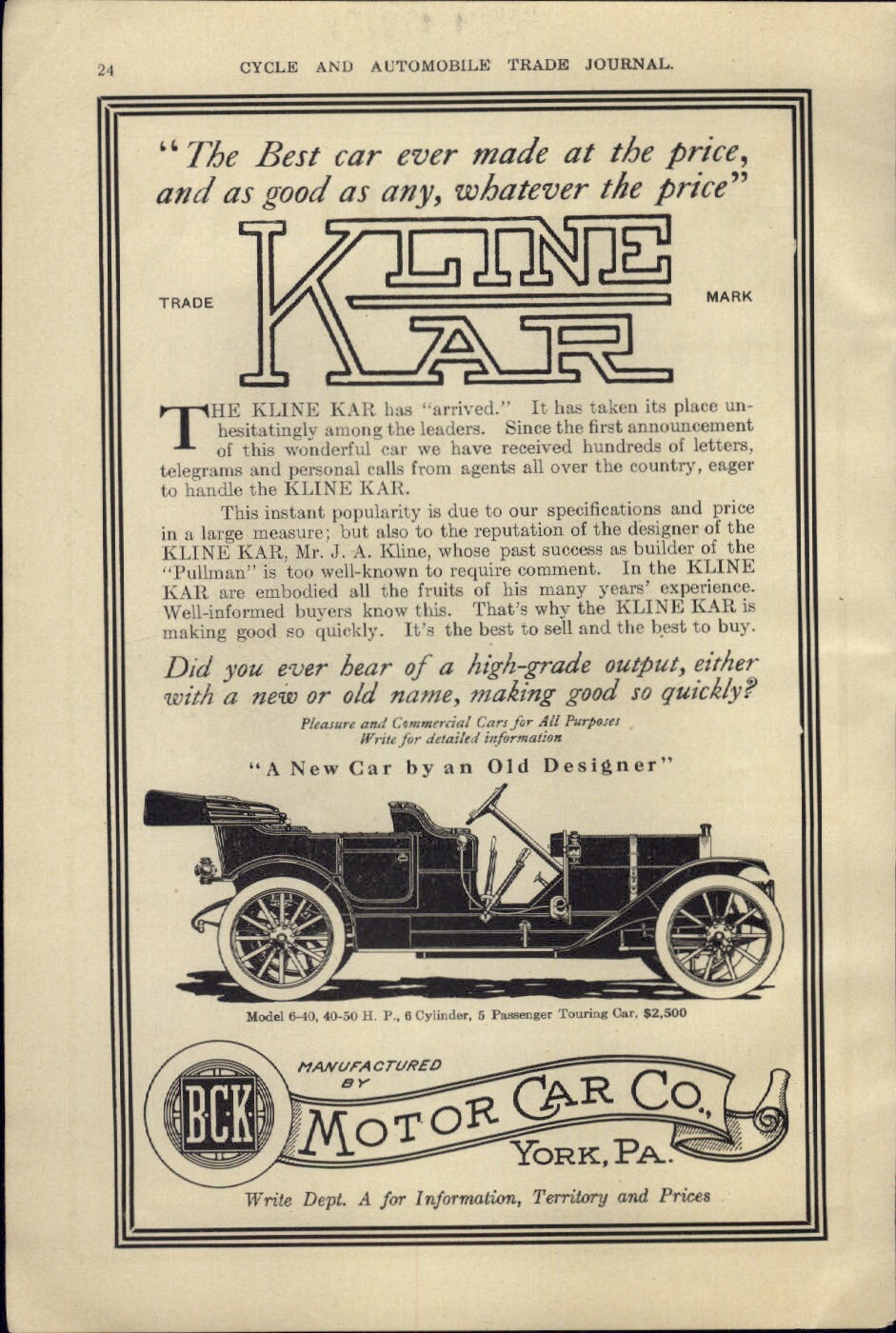 1909 PAPER AD CAR AUTO Kline Kar Automobile Model 6-40 BCK Motor York ...
