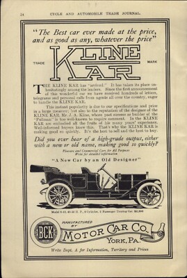 1909 PAPER AD CAR AUTO Kline Kar Automobile Model 6-40 BCK Motor York ...