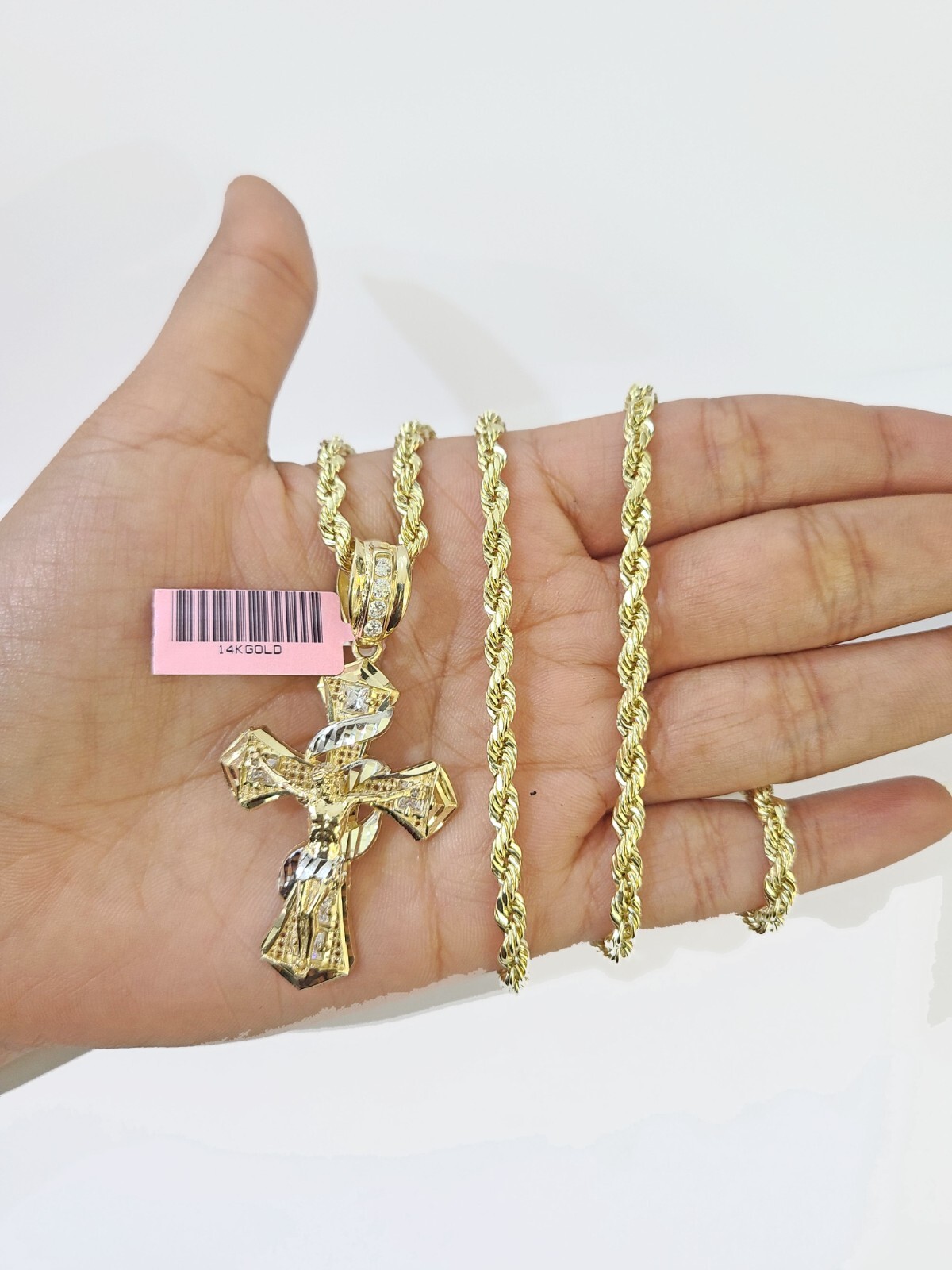 14k Yellow Gold Rope Chain & Jesus Swirl Cross Charm SET 4mm 24 Inches ...
