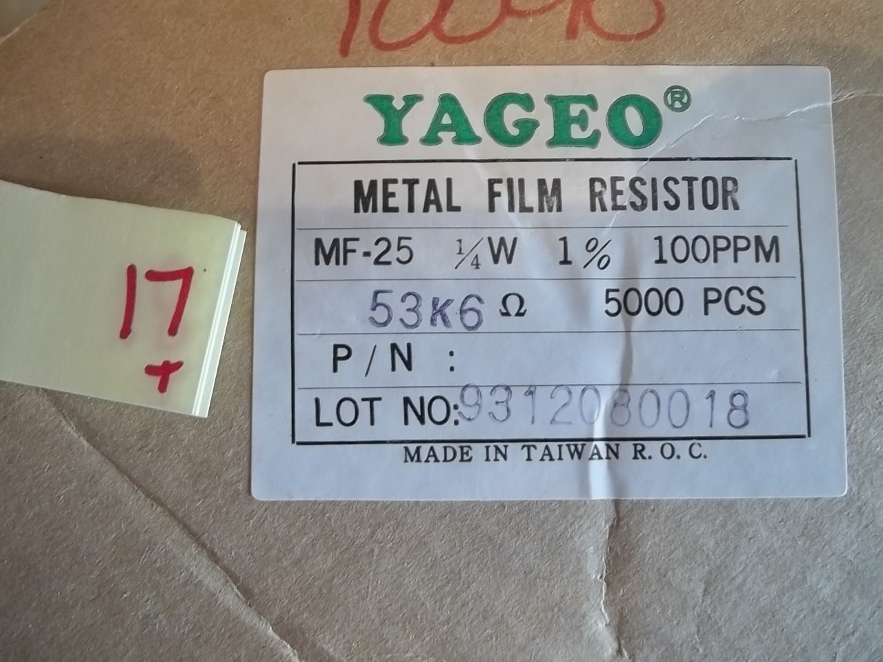 LOT OF 5000 +/- YAGEO METAL FILM RESISTORS MF-25 1/4W 1% 100PPM 53K 6 ...