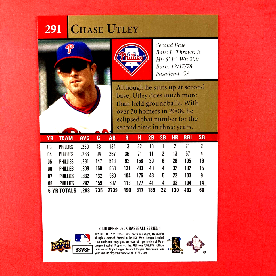 Chase Utley 2009 Upper Deck Card #291 MLB Philadelphia Phillies | eBay