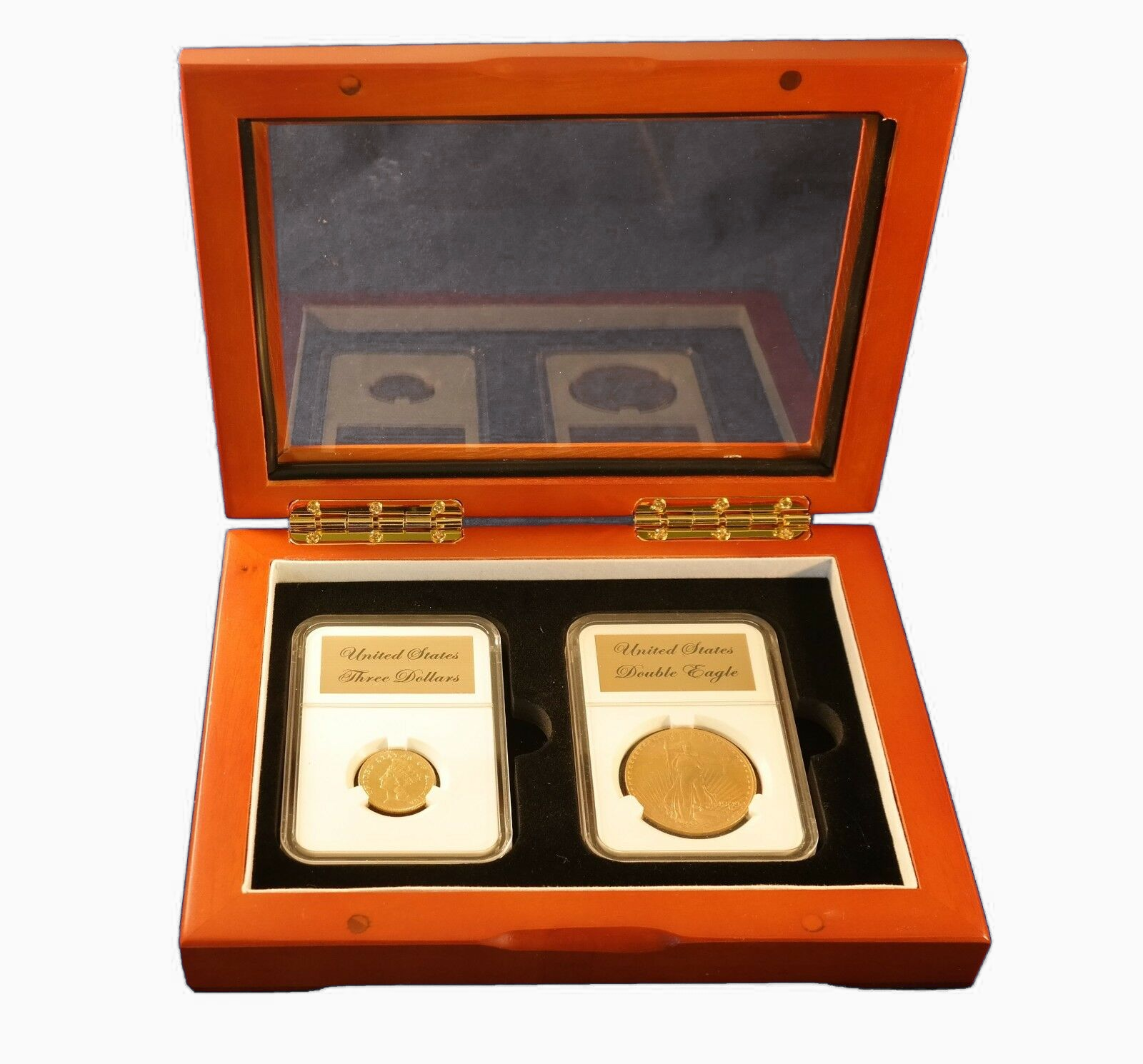 Wood Glass-top Display Box - 2 Two Certified PCGS NGC Premier Elite ...