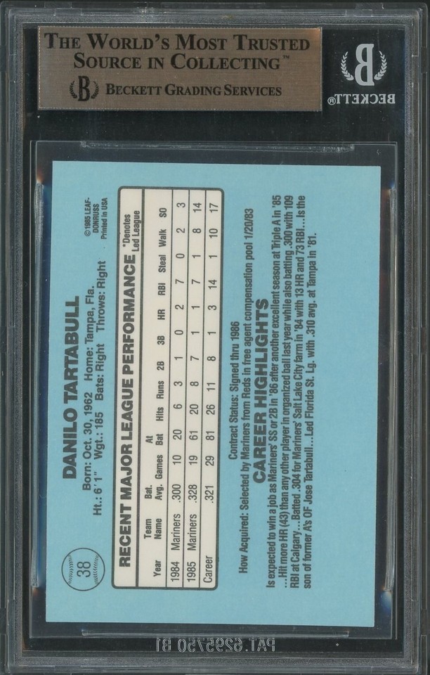 1986 Donruss Danny Tartabull ⚾️ Rookie Card # 38 PRISTINE BGS 10 1/1 ...