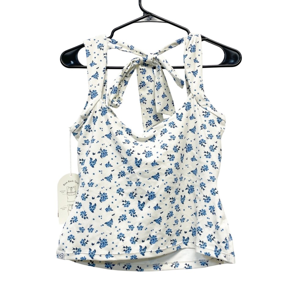 Blogilates Women's Bow Back Tank Top White Blue Floral Size Large | eBay