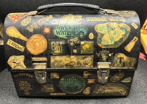 Vintage 60s 70s Decoupage Metal Lunch Box Storage Box Fabric Lined ...