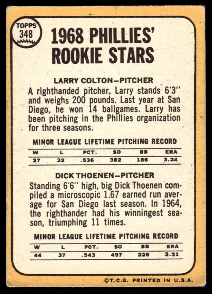 1968 Topps Larry Colton/Dick Thoenen Rookie Philadelphia Phillies #348 ...