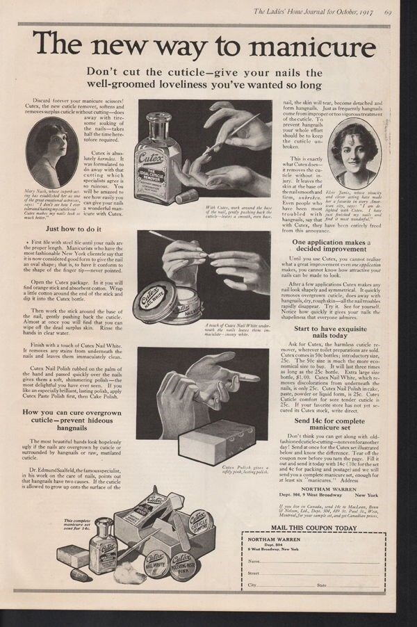 1917 NORTHAM WARREN FINGERNAIL MANICURE CUTEX POLISH BEAUTY DECOR AD ...