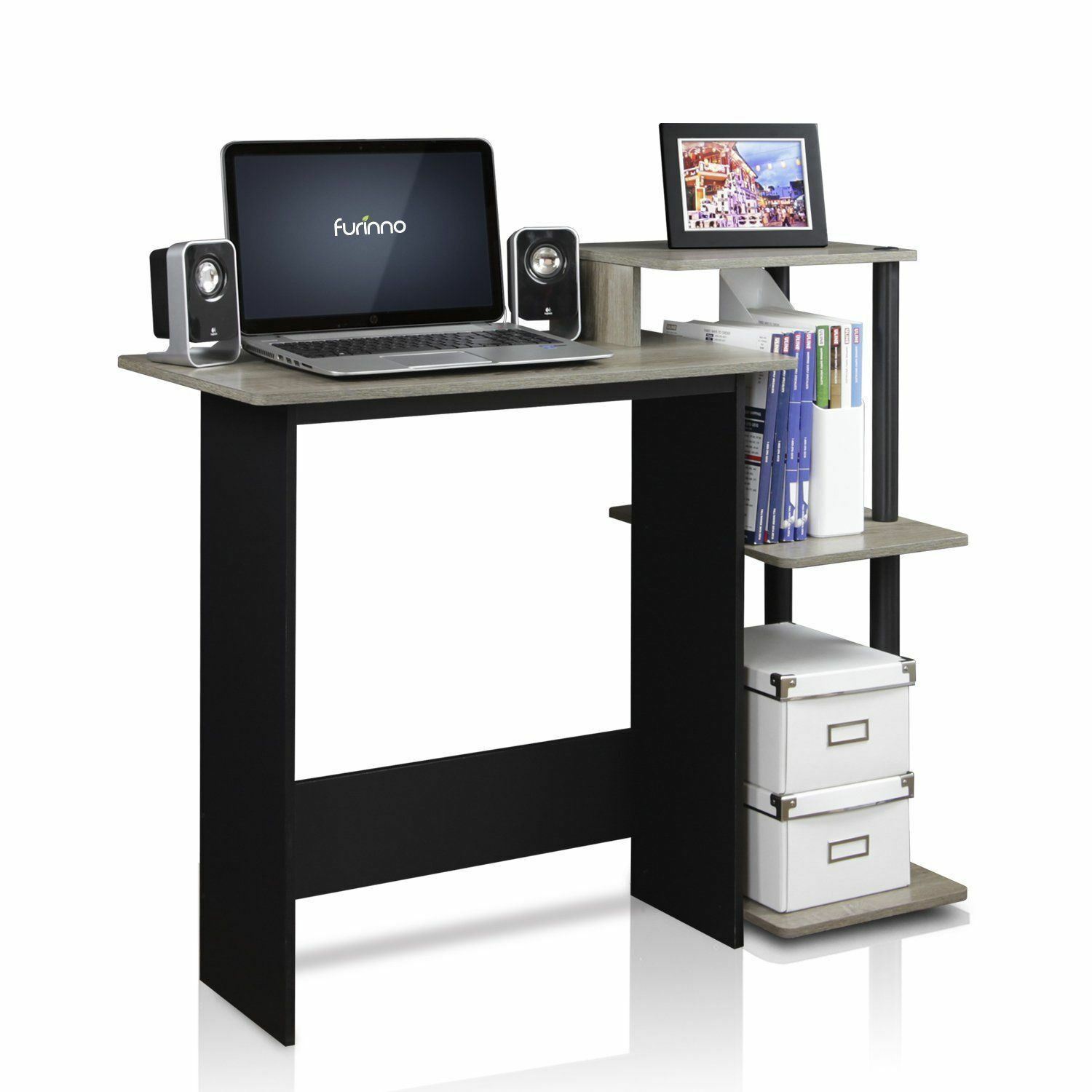 Gray Black Laptop Desk Computer Table Storage Shelves Office ...