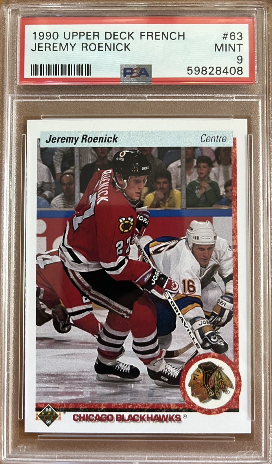 1990 Upper Deck FRENCH Jeremy Roenick RC PSA 9, card #63 Black Hawks ...