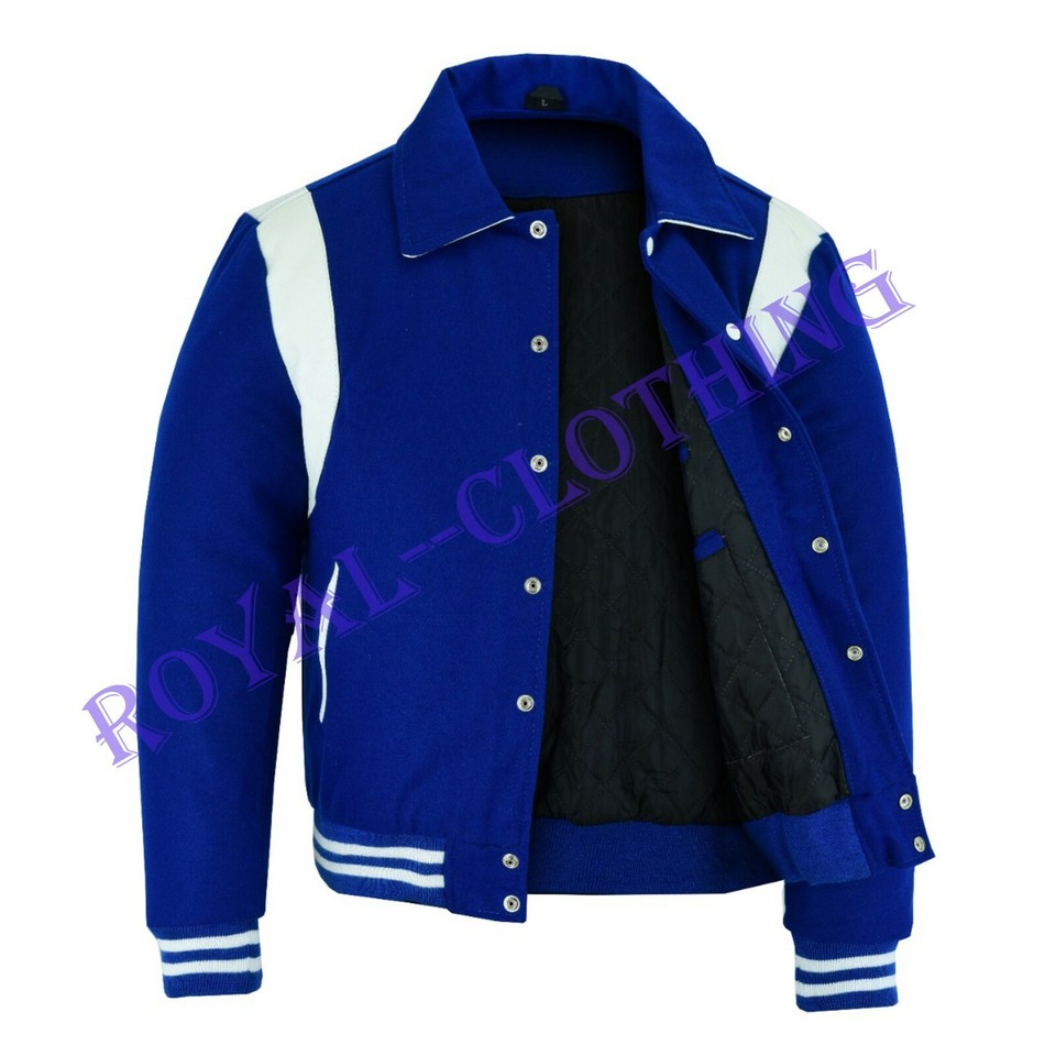 Varsity Letterman Bomber Baseball Jacket Royal Blue Wool White Leather ...