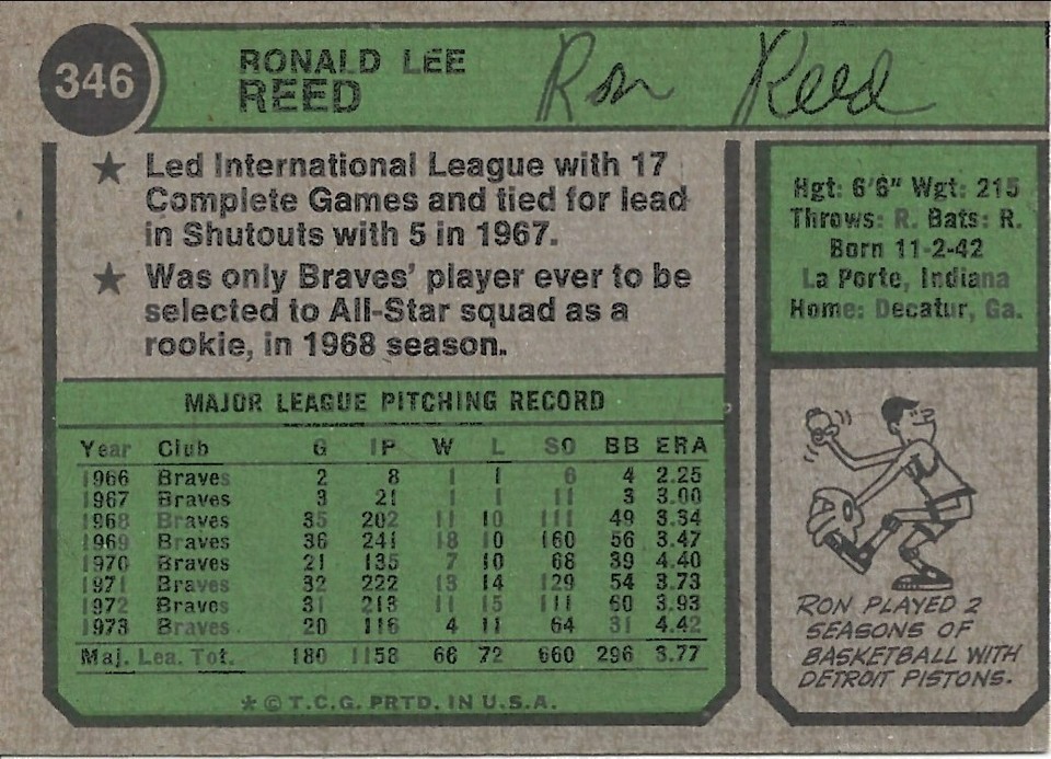 1974 Topps Ron Reed 346 Braves EXMT | eBay