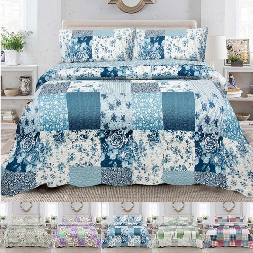 3 PCS Patchwork Bedspread Quilted Bed Throw Single Double King Size ...
