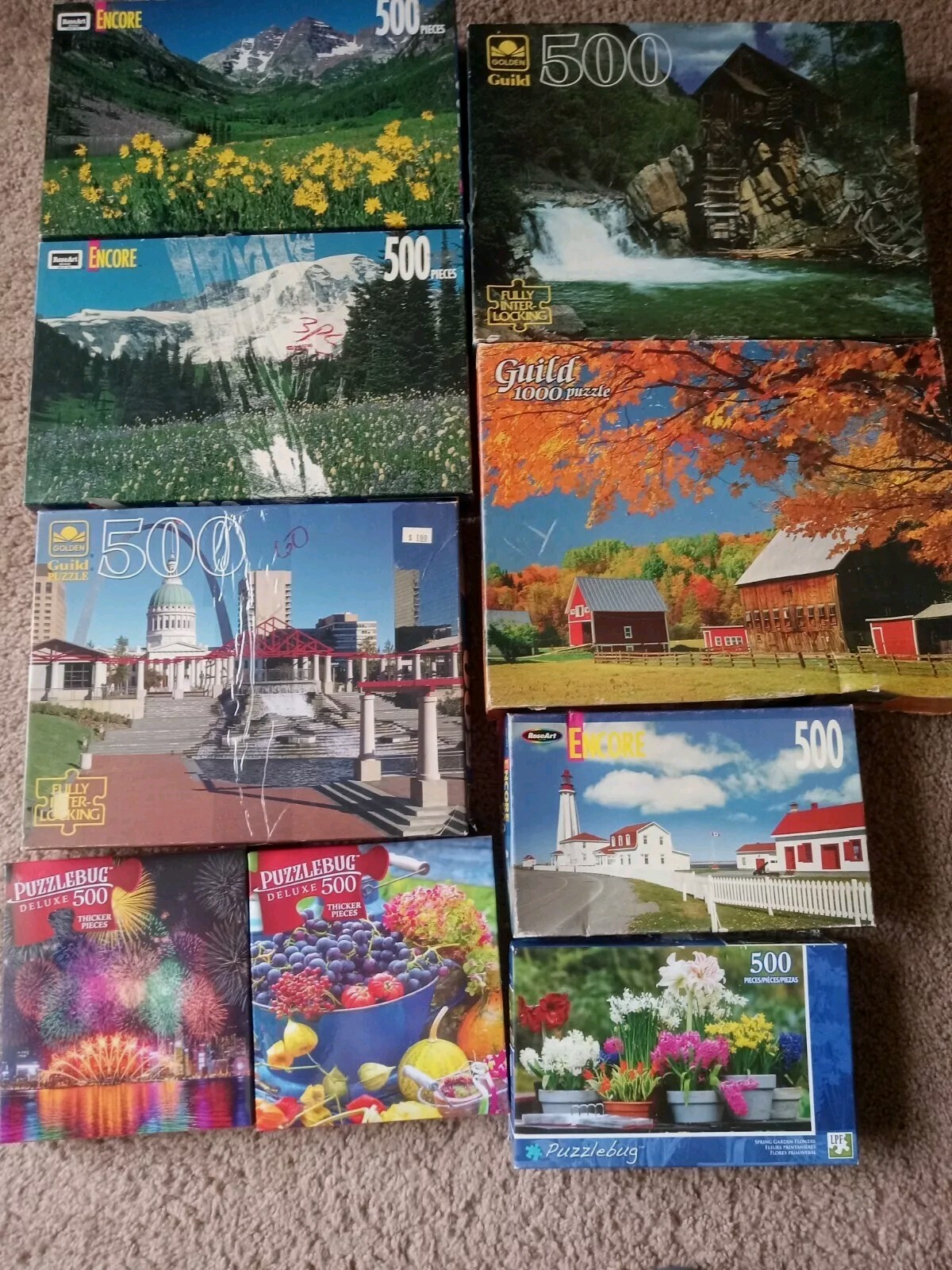 Lot Of 9 Jigsaw Puzzles 8-500pc. 1-1000pc. Guild, Rose Art, Puzzlebug ...